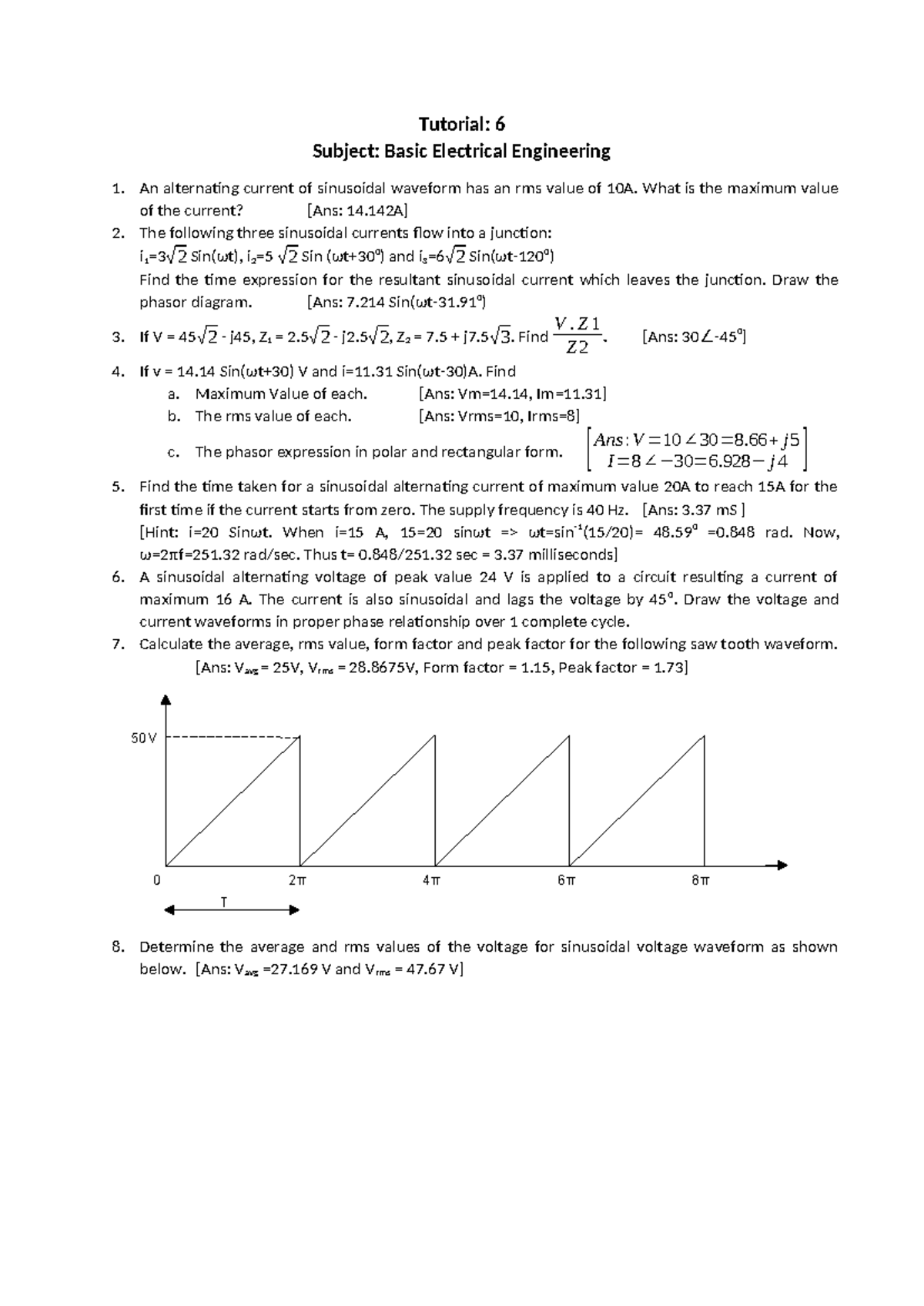 Tutorial 6: Key Questions for Basic Electrical Engineering Exam - Studocu