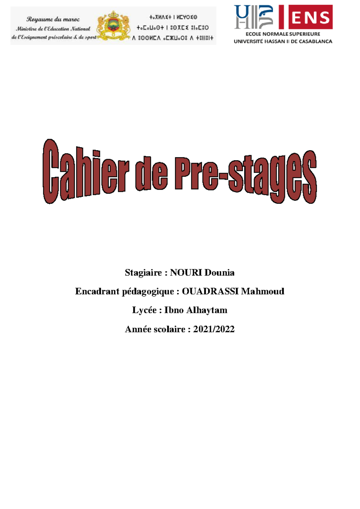 Dossier de Prestage et Cahier Journalier - Nouri Dounia (75010S01 ...