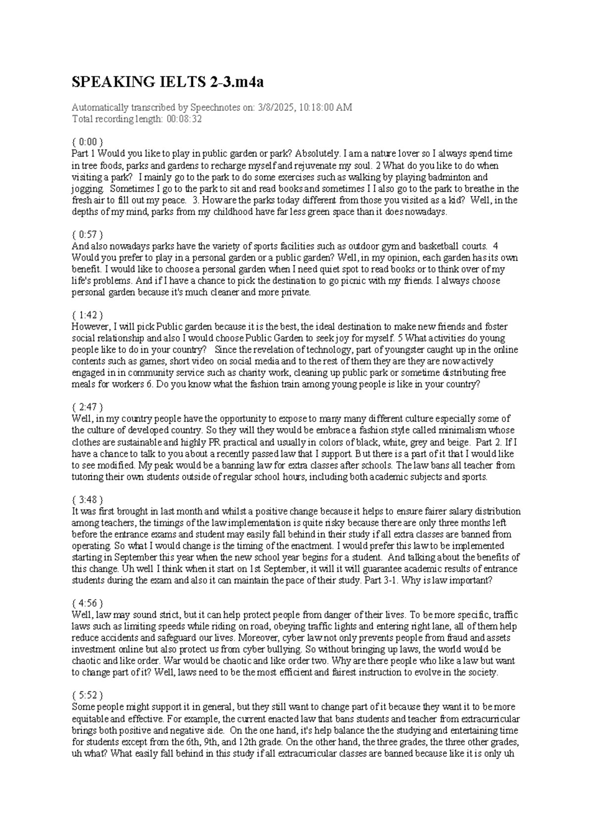IELTS Speaking Practice Transcript: Parts 2-3 Review - Studocu