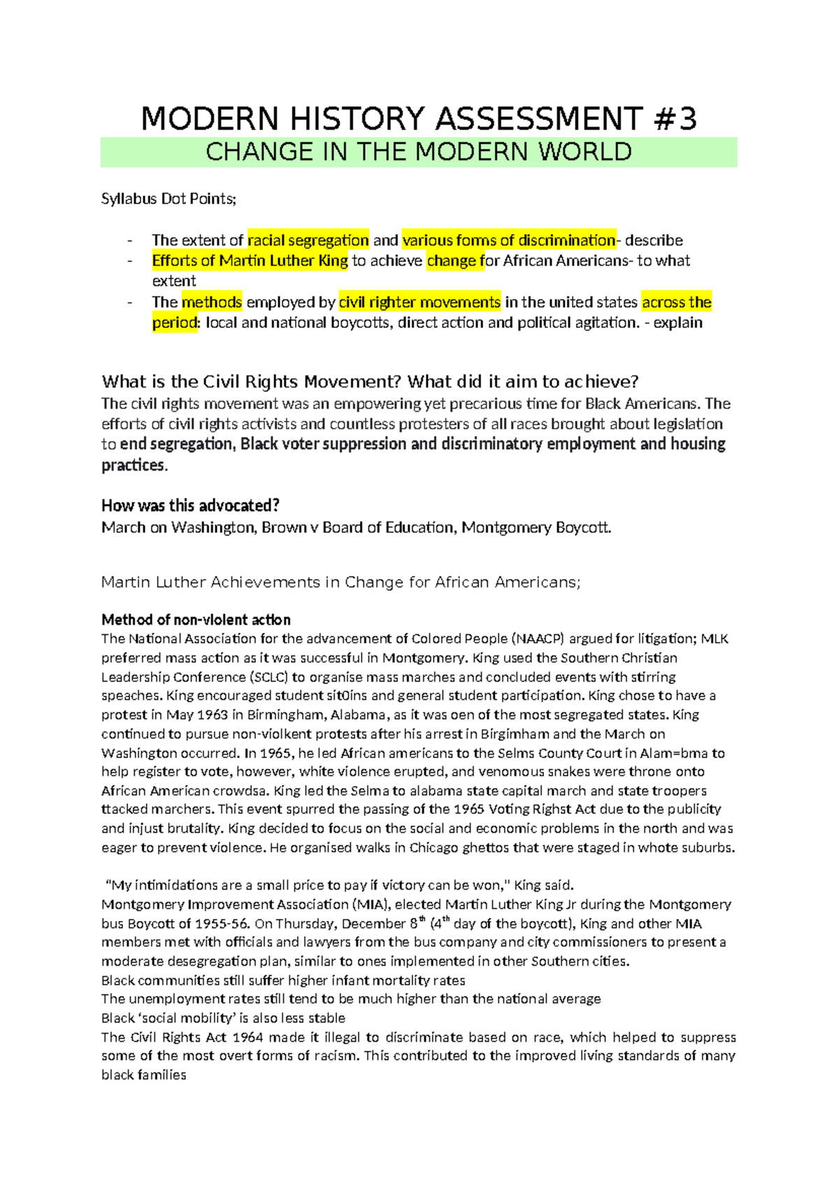 Modern History TEST Civil Rights - MODERN HISTORY ASSESSMENT CHANGE IN ...