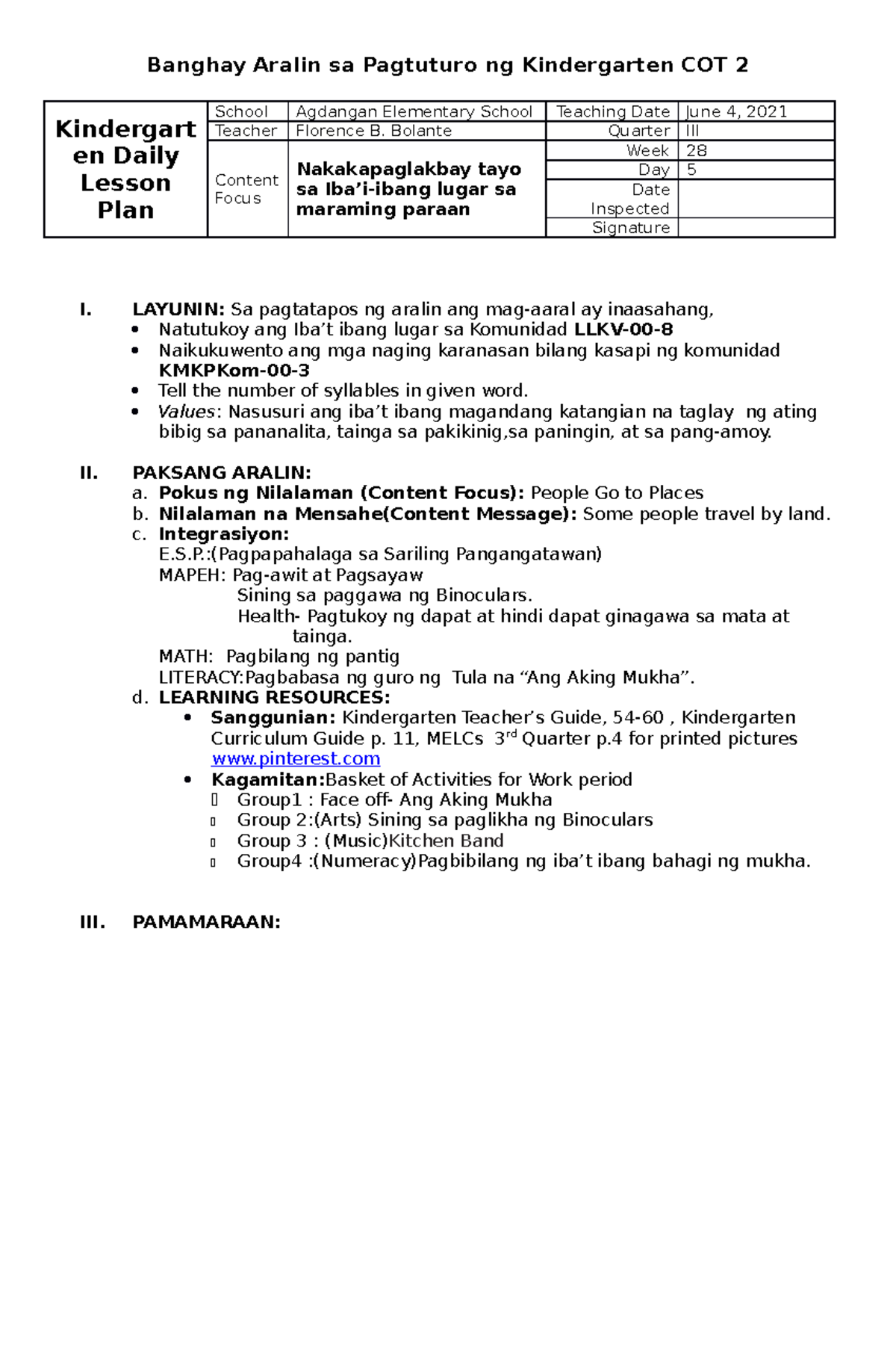 Cot demo 2021 2 - Lesson Plan - Banghay Aralin sa Pagtuturo ng ...