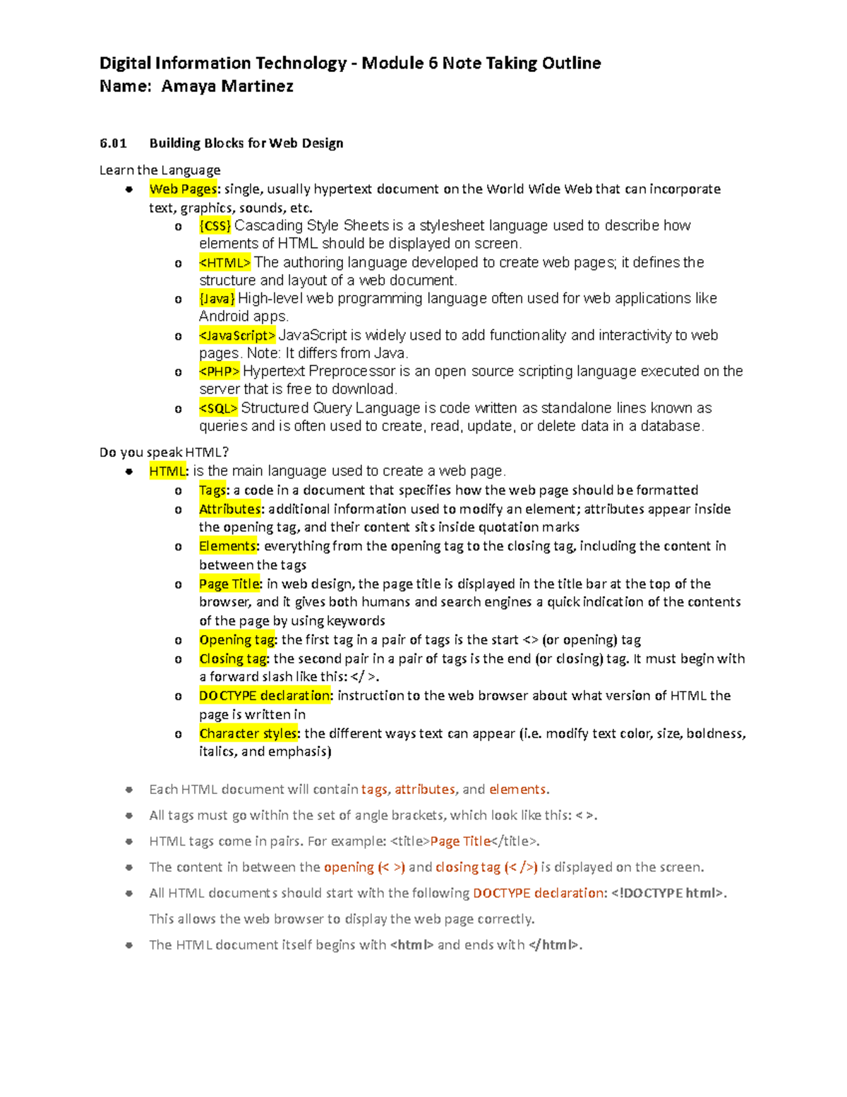 DIT Note Taking Guide Module 6 - Name: Amaya Martinez 6 Building Blocks ...