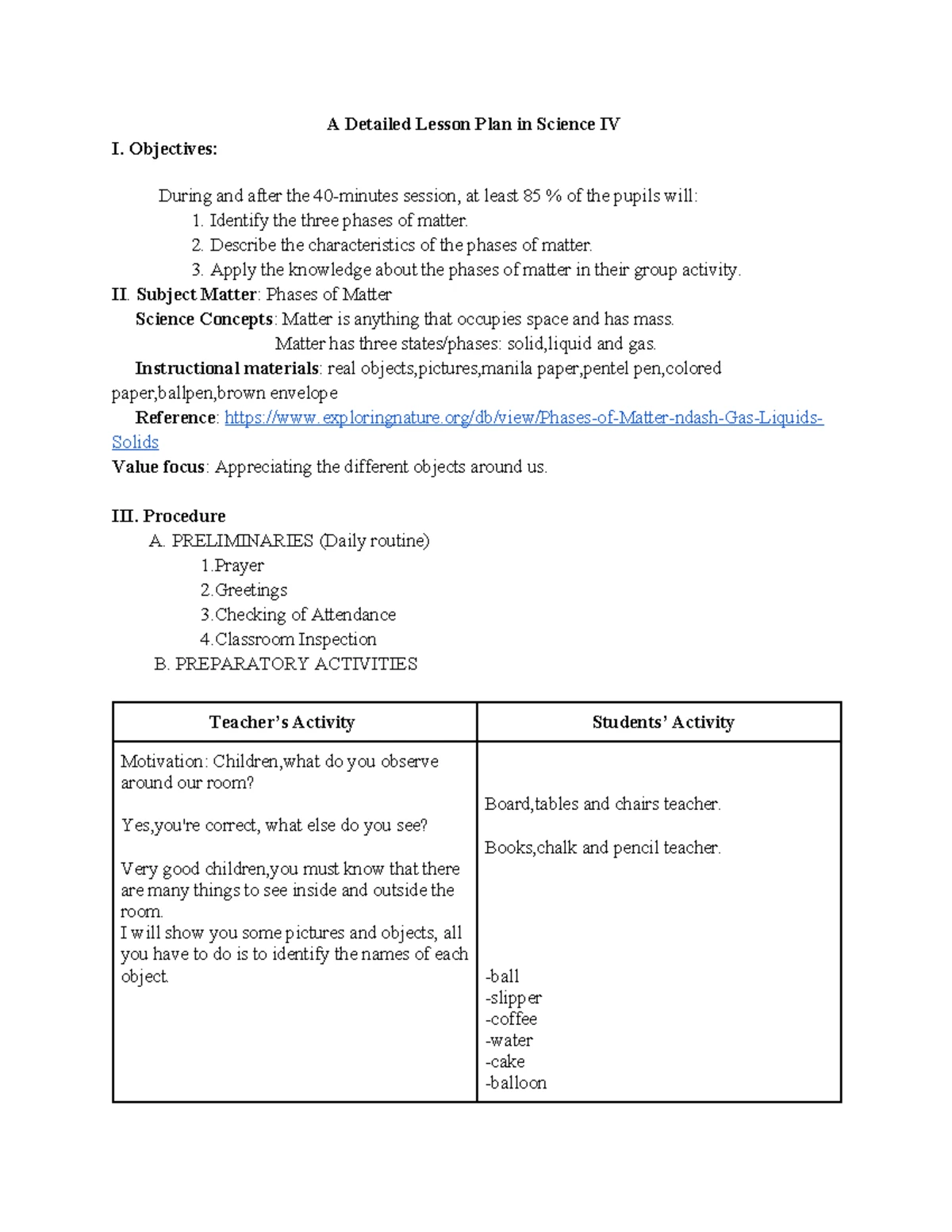 Science II Lesson Plan: Understanding Phases of Matter Details - Studocu