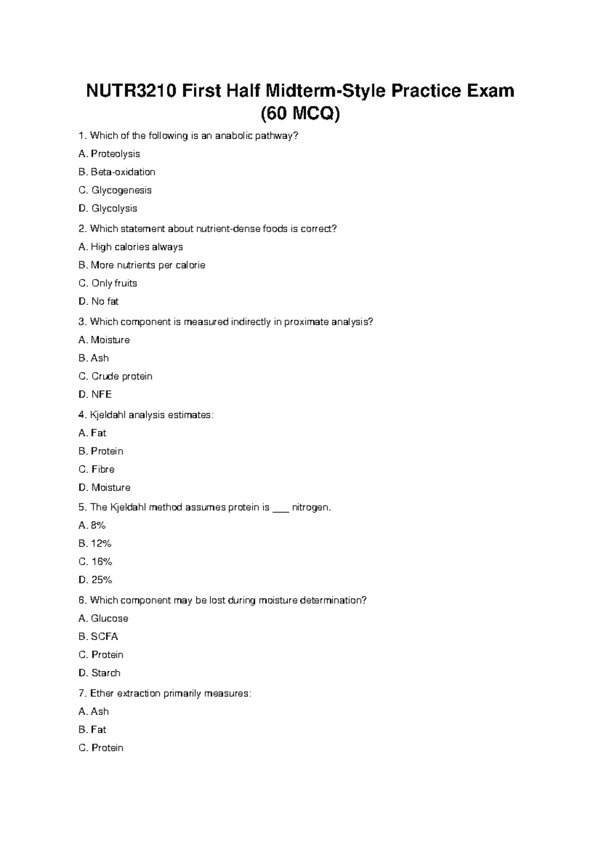 NUTR3210 Midterm Practice Exam: 60 MCQs for First Half Review - Studocu