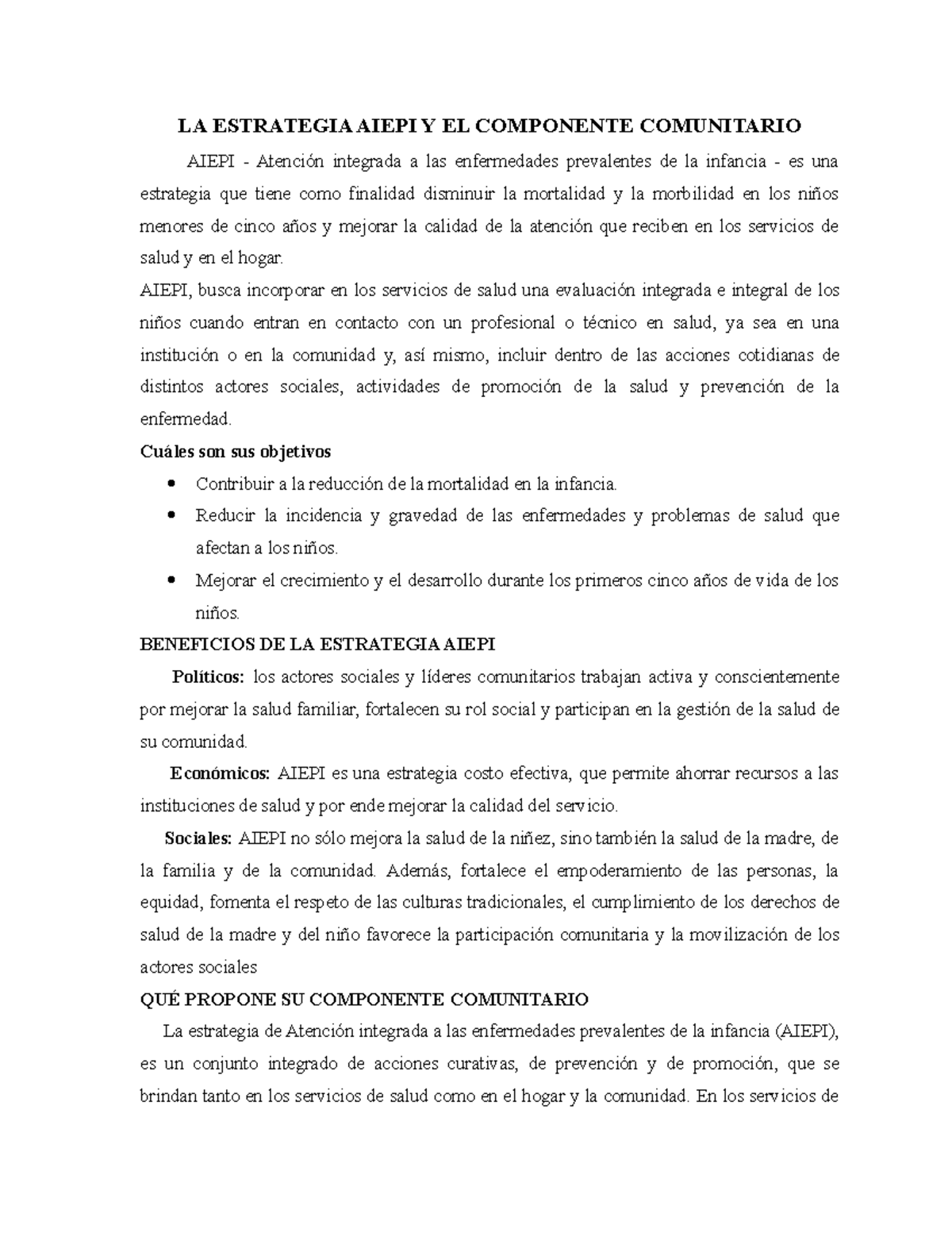 Estrategia AIEPI y Componente Comunitario en Salud Infantil - Studocu