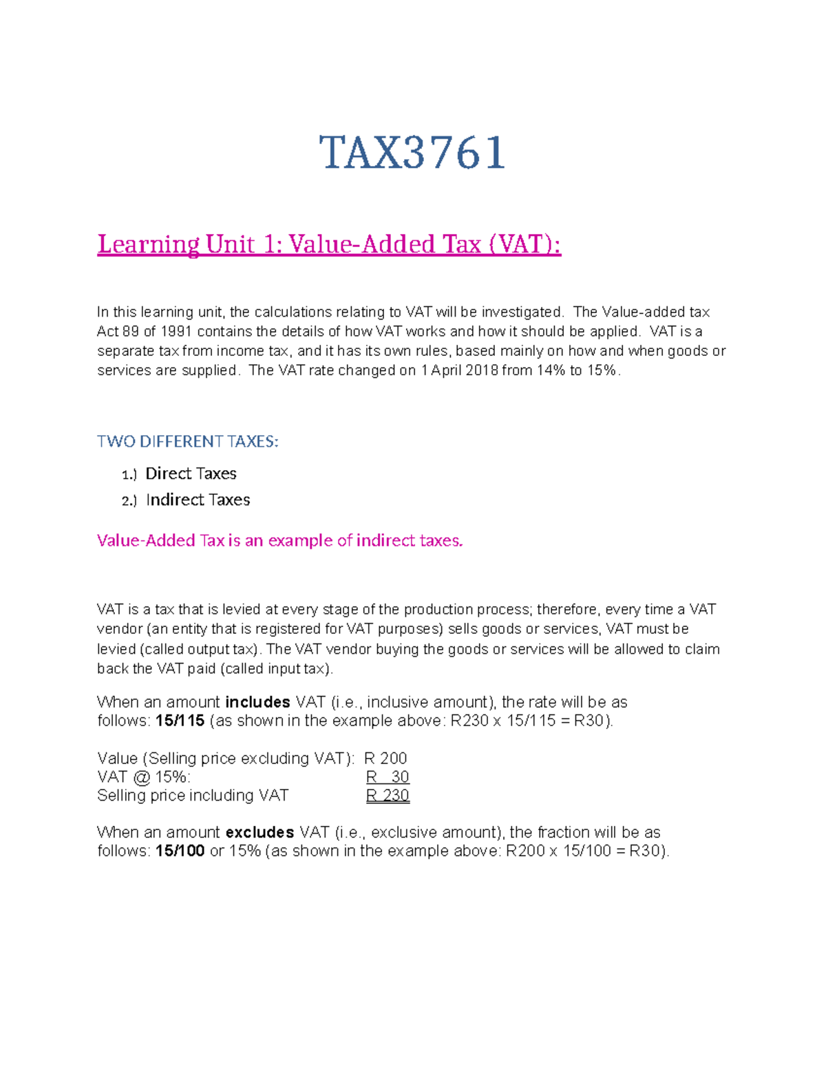 TAX3761 Learning Unit 1 - TAX Learning Unit 1: Value-Added Tax (VAT ...
