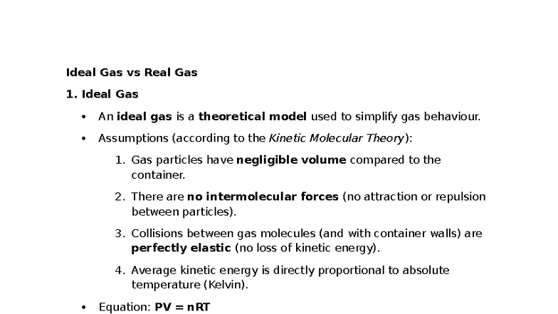 Ideal Gas vs Real Gas: Key Differences Explained - Studocu