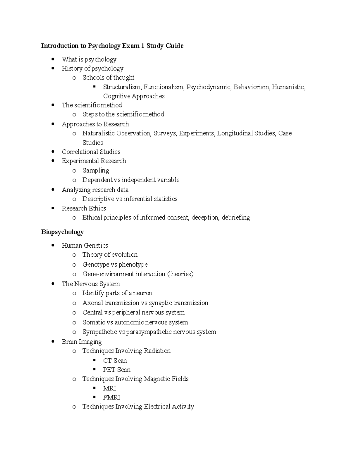 PSY101 Introduction to Psychology Exam 1 Study Guide - Studocu