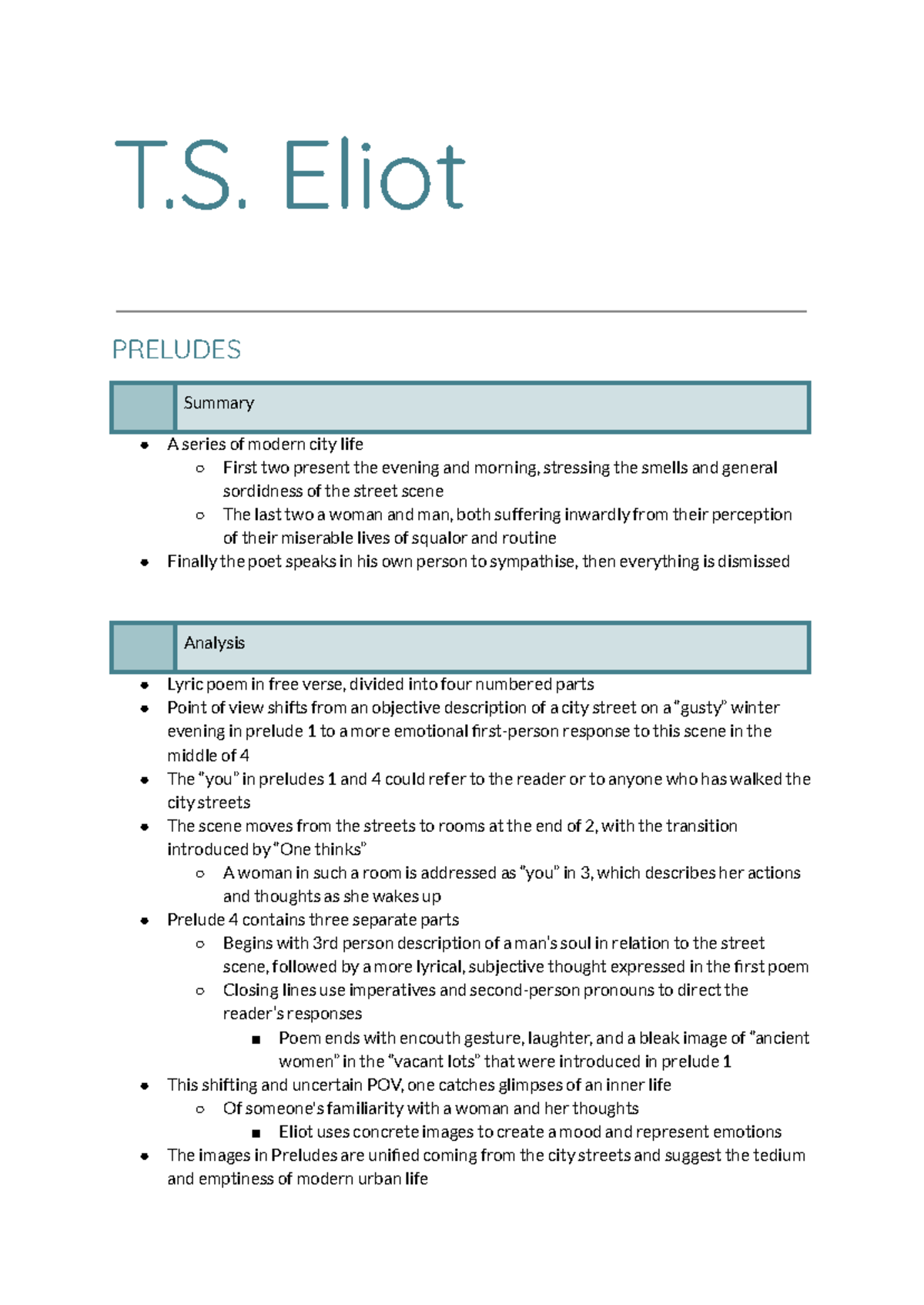 TS Eliot - Preludes Analysis and Summary Notes - Studocu