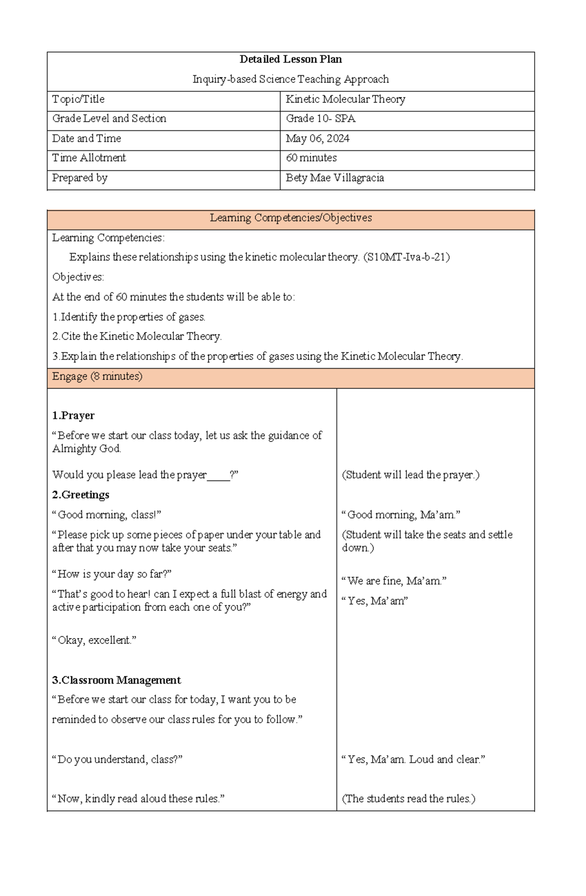 Detailed 5 E's Lesson Plan for Kinetic Molecular Theory (Grade 10 ...