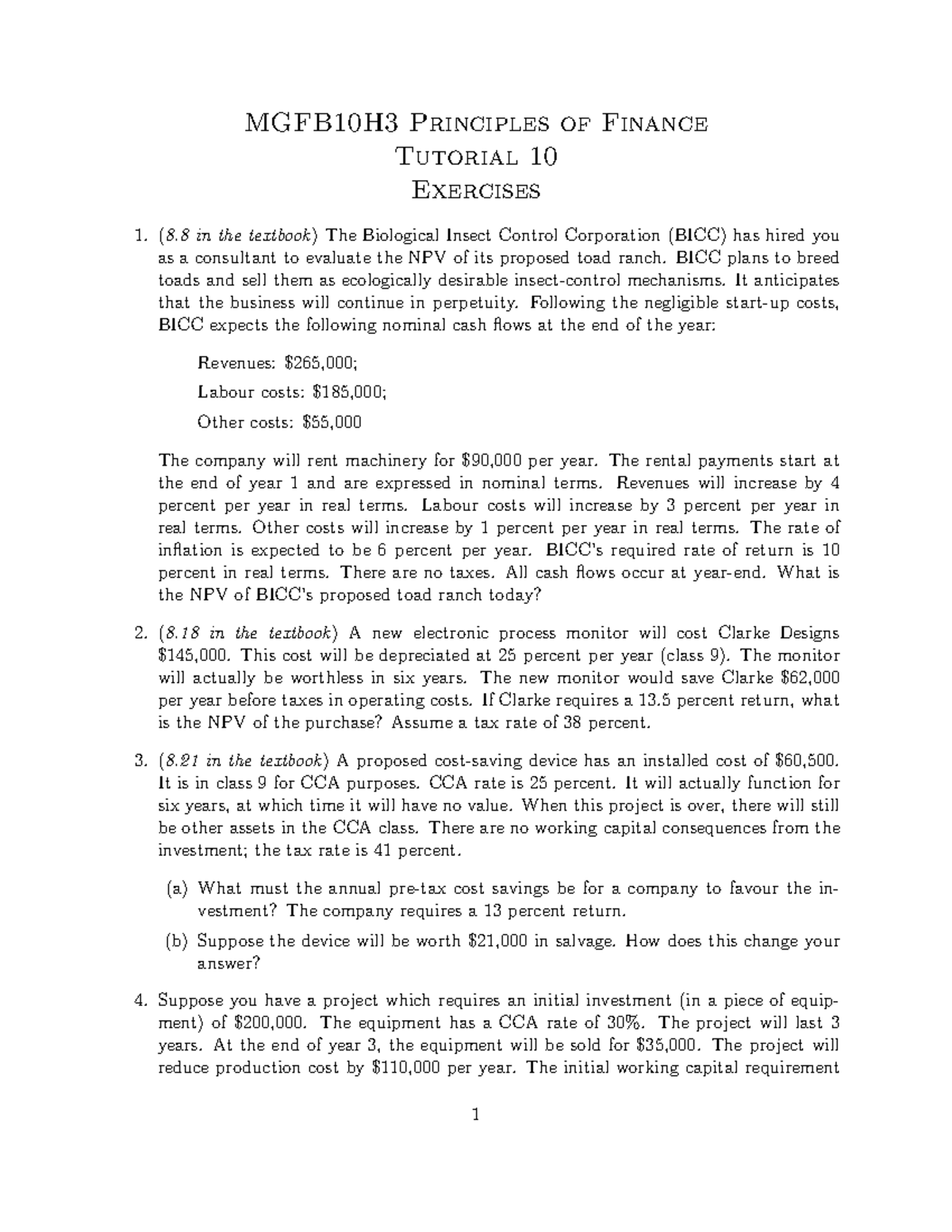 MGFB10H3 Tutorial 10: NPV Exercises for Finance Principles - Studocu