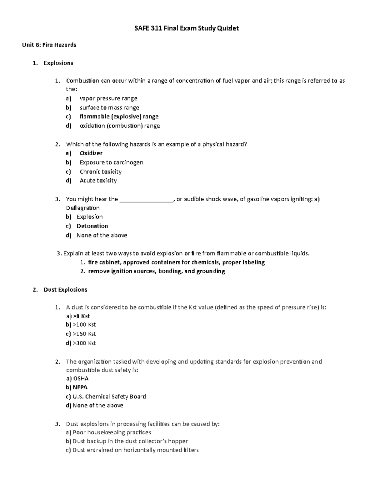 SAFE 311 Final Exam Study Quizlet: Fire Hazards Dust Explosions ...