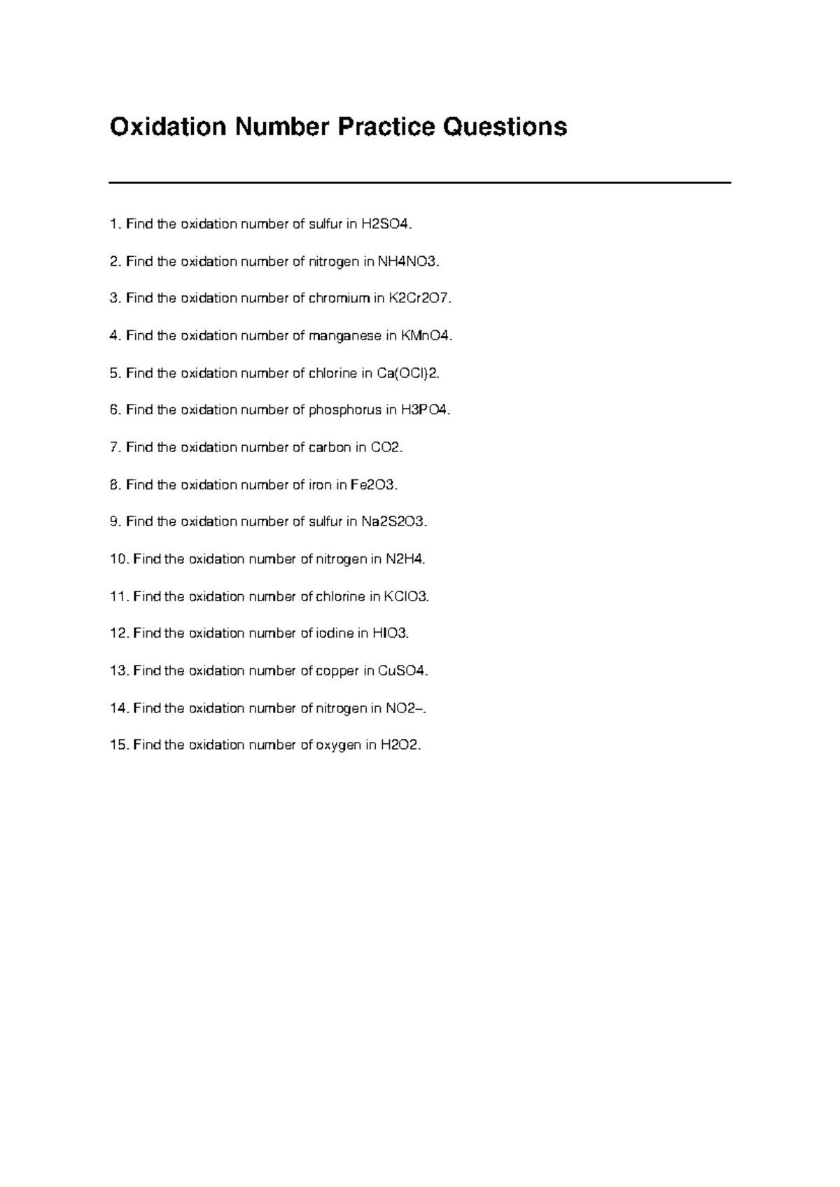 Oxidation Number Practice Questions for Chemistry 101 - Studocu