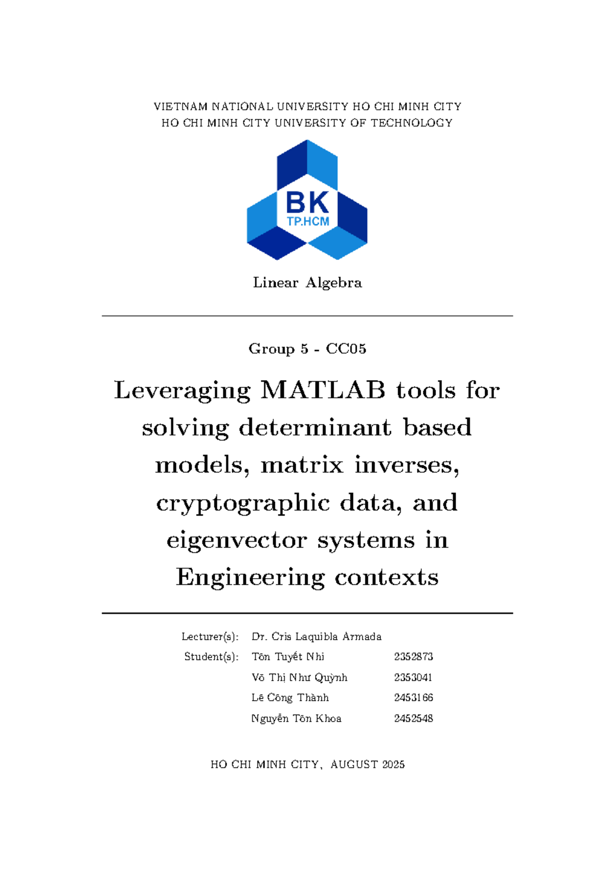 Sem243 LA CC05 Group 5: MATLAB Applications in Linear Algebra - Studocu