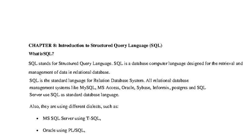 CHAPTER 8: Intro to SQL - Understanding Structured Query Language - Studocu
