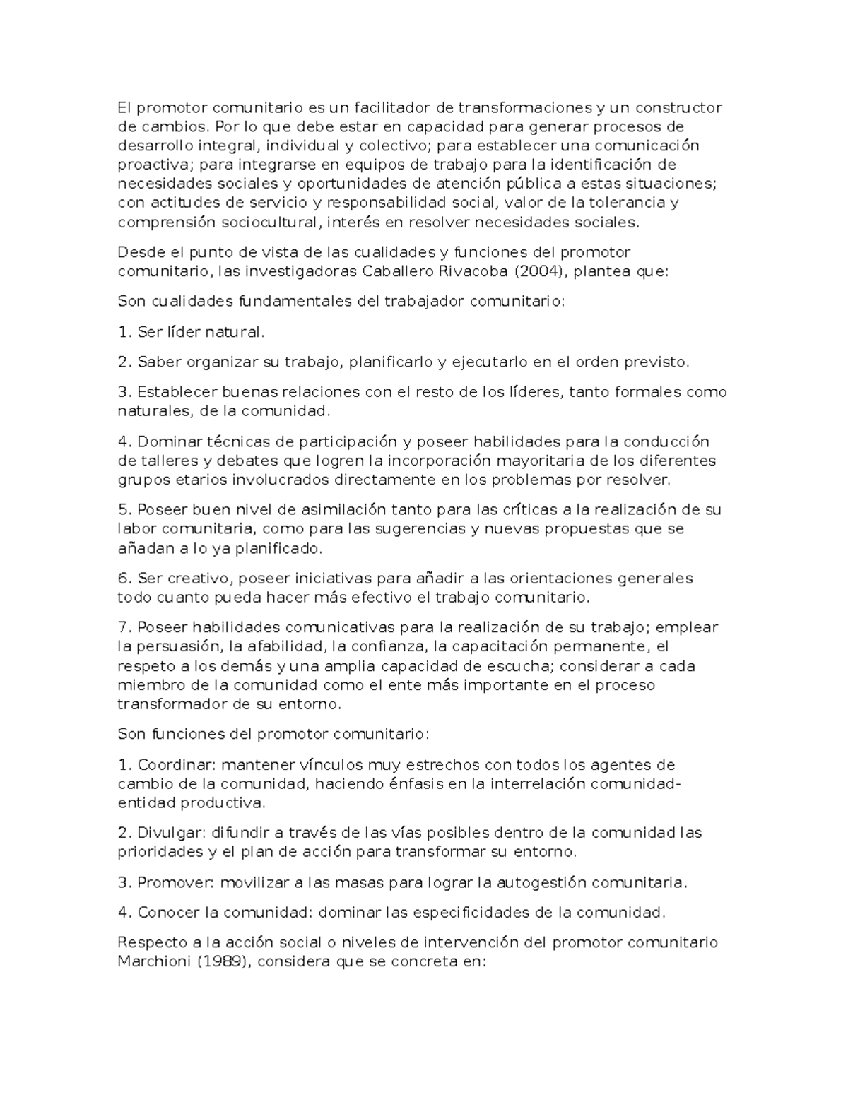 Promotor Comunitario: Funciones y Cualidades Esenciales - Resumen - Studocu