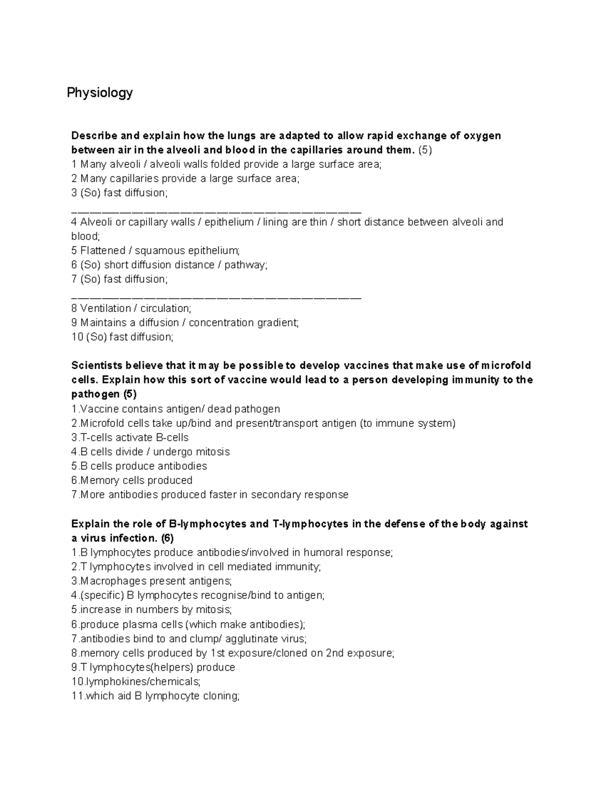A Level Biology 5 and 6 Mark Questions: Lung Adaptations and Immune ...