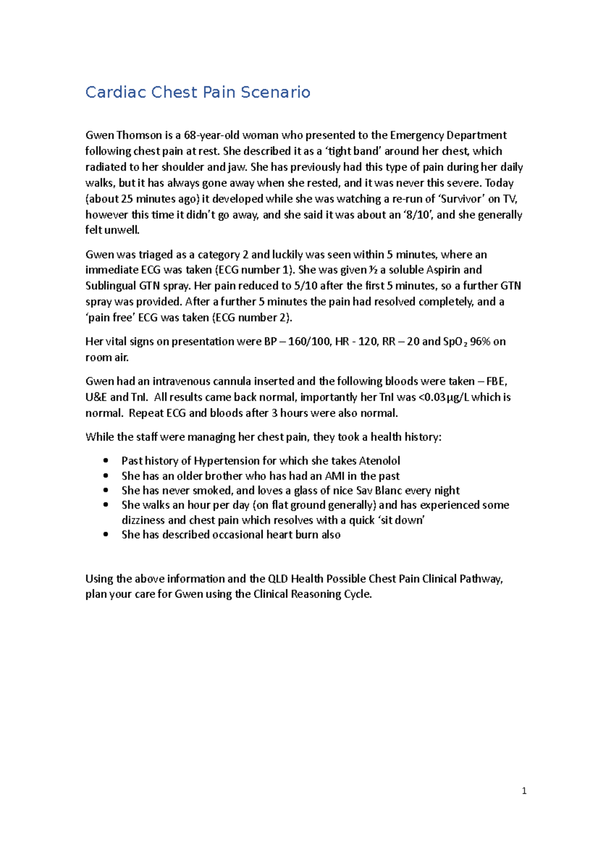 Cardiac Chest Pain Case Study: Gwen Thomson's Emergency Management ...