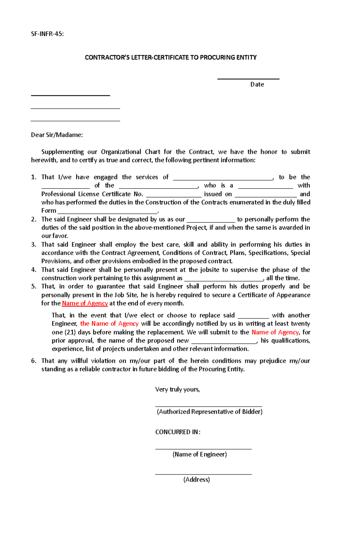 SF-INFR-45: Contractor's Letter-Certificate for Project Engagement ...