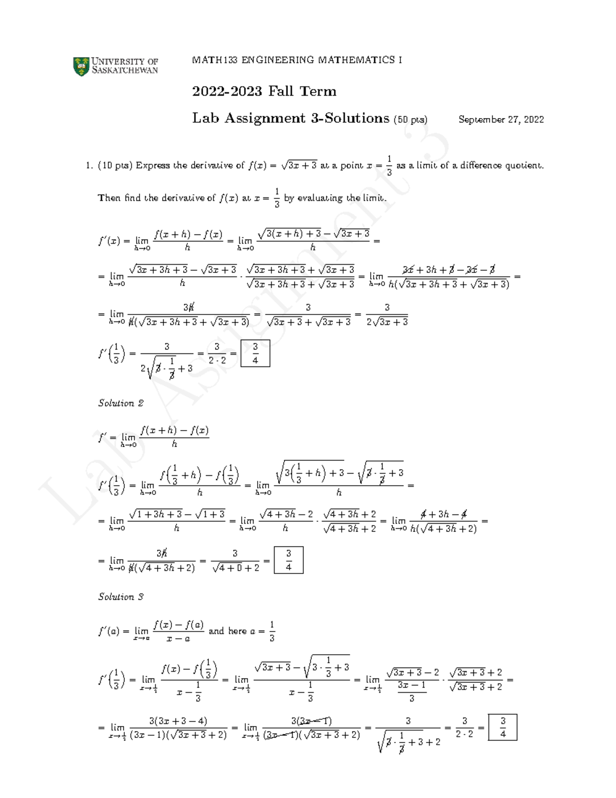 laboratory filler - Lab Assignment 3 MATH133 ENGINEERING MATHEMATICS I ...