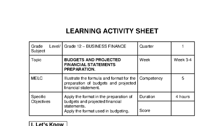 Q1 LAS Business Finance 12: Budgets & Financial Statements Prep - Studocu