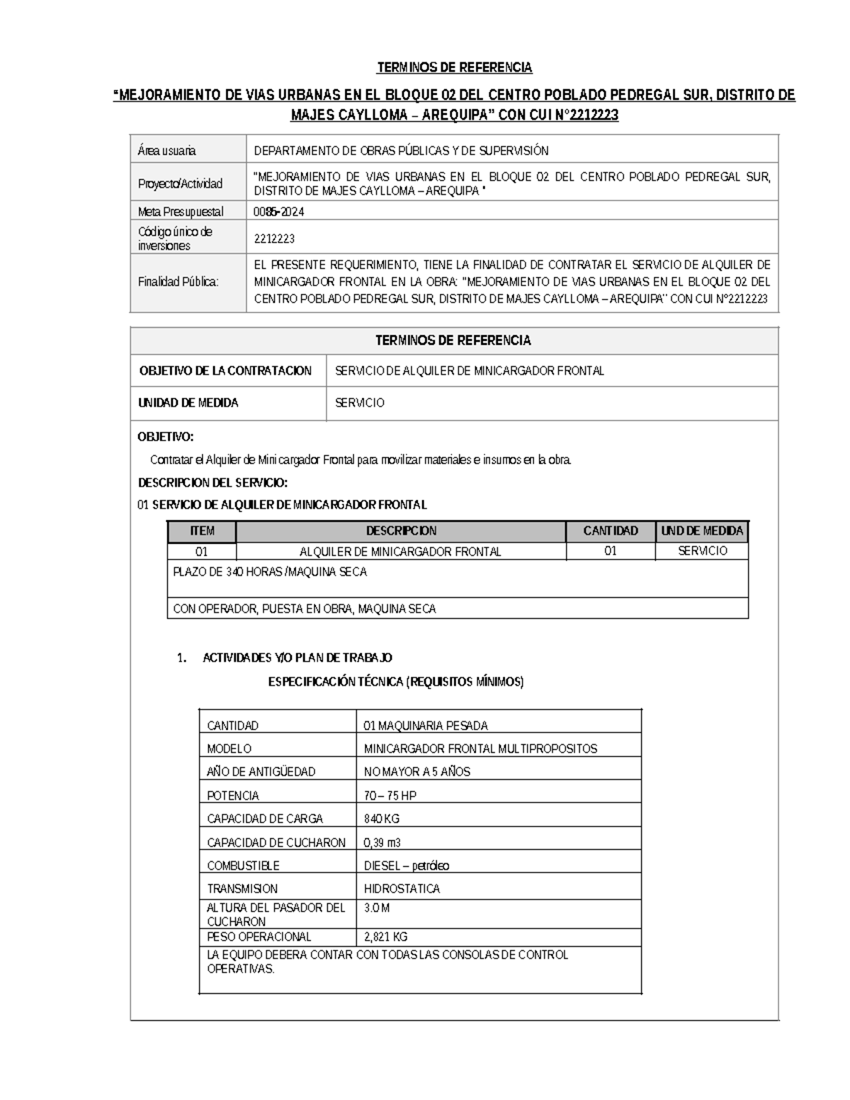 TDR 2212223: Alquiler de Minicargador Frontal para Mejora de Vías Urb ...