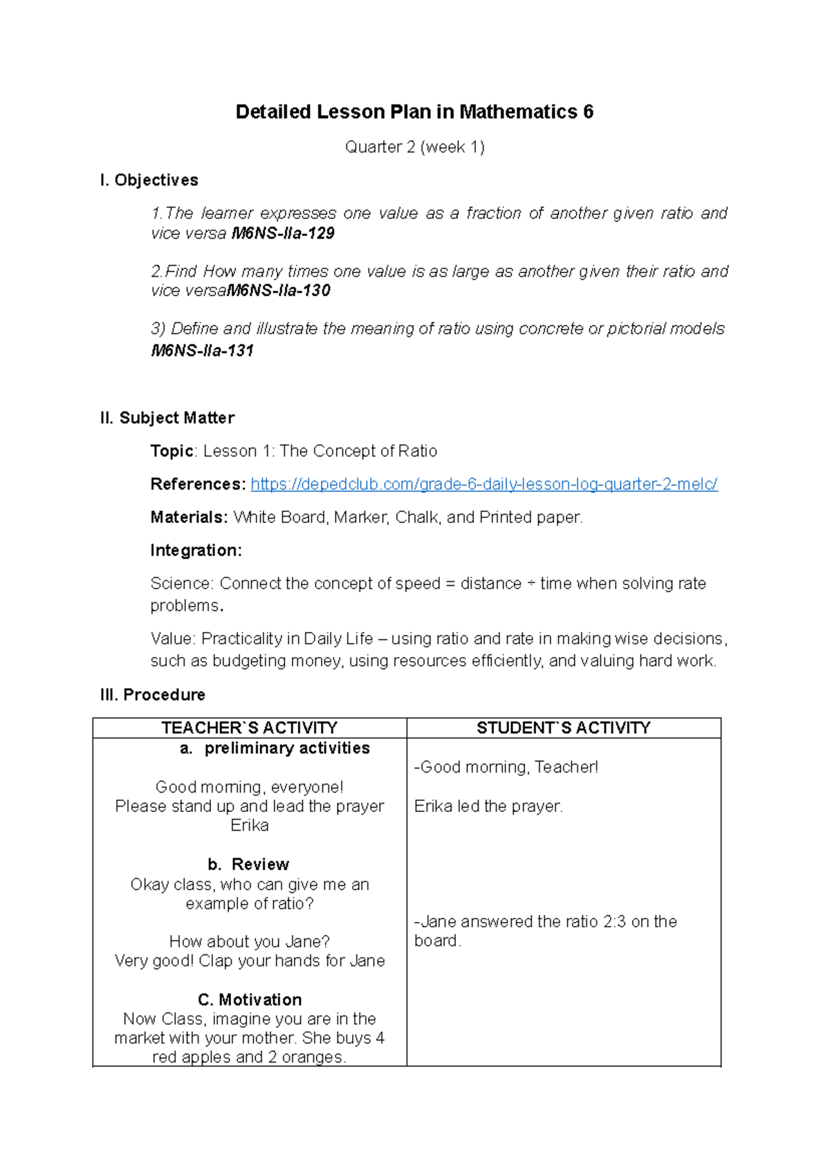 Mathematics 6 Detailed Lesson Plan: Understanding Ratios and Rates ...