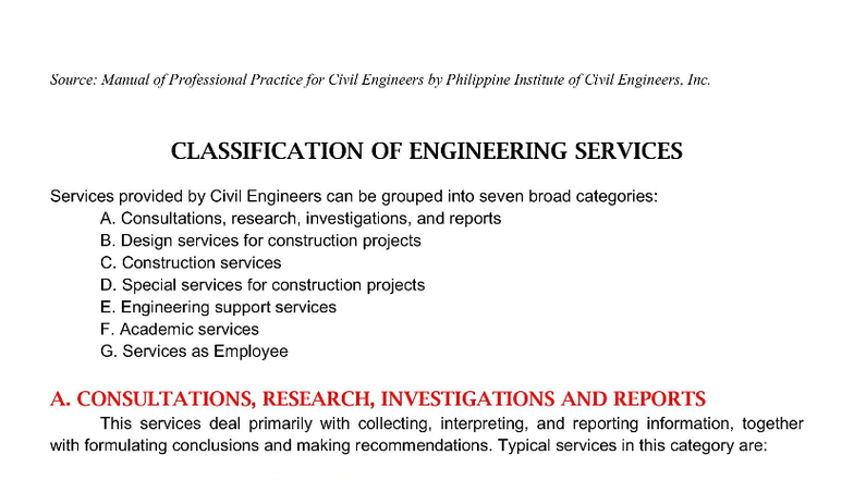 Classification of Engineering Services in Civil Engineering (PICE ...
