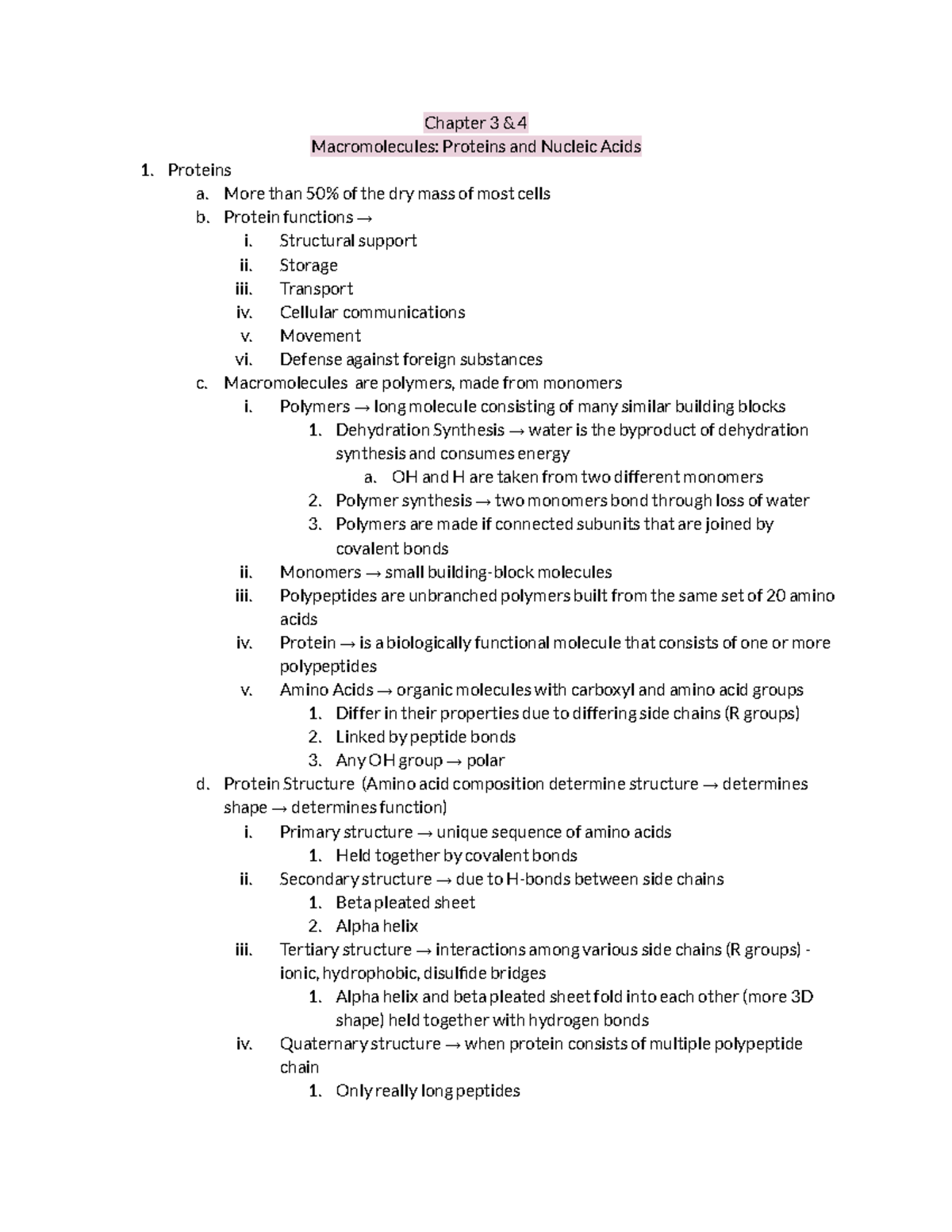 Bio 111 Chapter 3-7 Notes: Proteins, Nucleic Acids, and Cells - Studocu