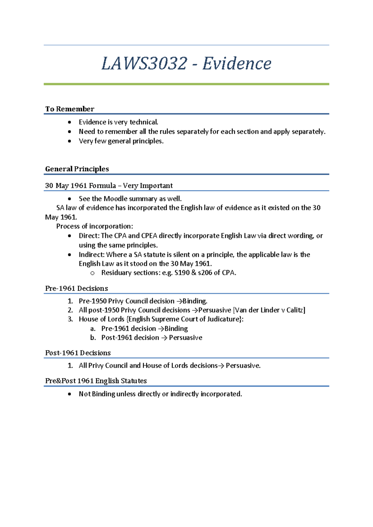 Laws3032 - Evidence Notes: Understanding Customary Law and ...