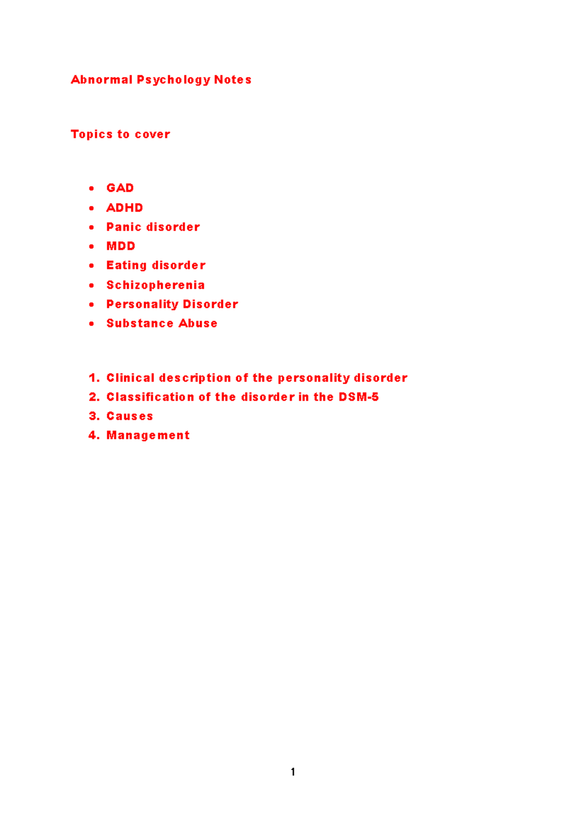 Abnormal psychology Notes - Abnormal Psychology Notes Topics to cover ...