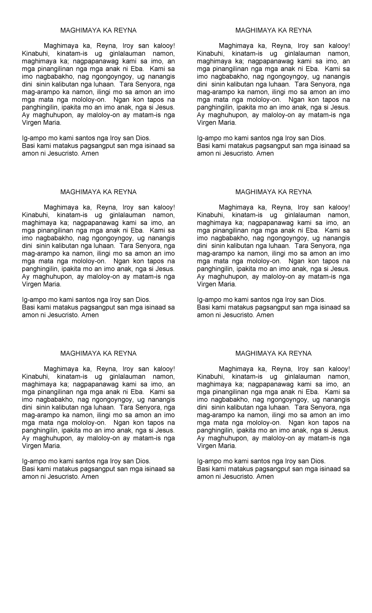 Maghimaya Ka Reyna: Pag-ampo ug Pagdayeg sa Iroy san Kalooy - Studocu