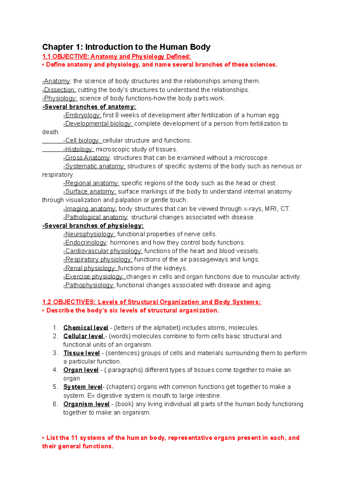 Chapter 1 Notes - Chapter 1: Introduction to the Human Body 1 OBJECTIVE ...