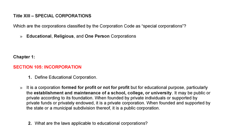 Special Corporations: Educational, Religious, and One Person ...