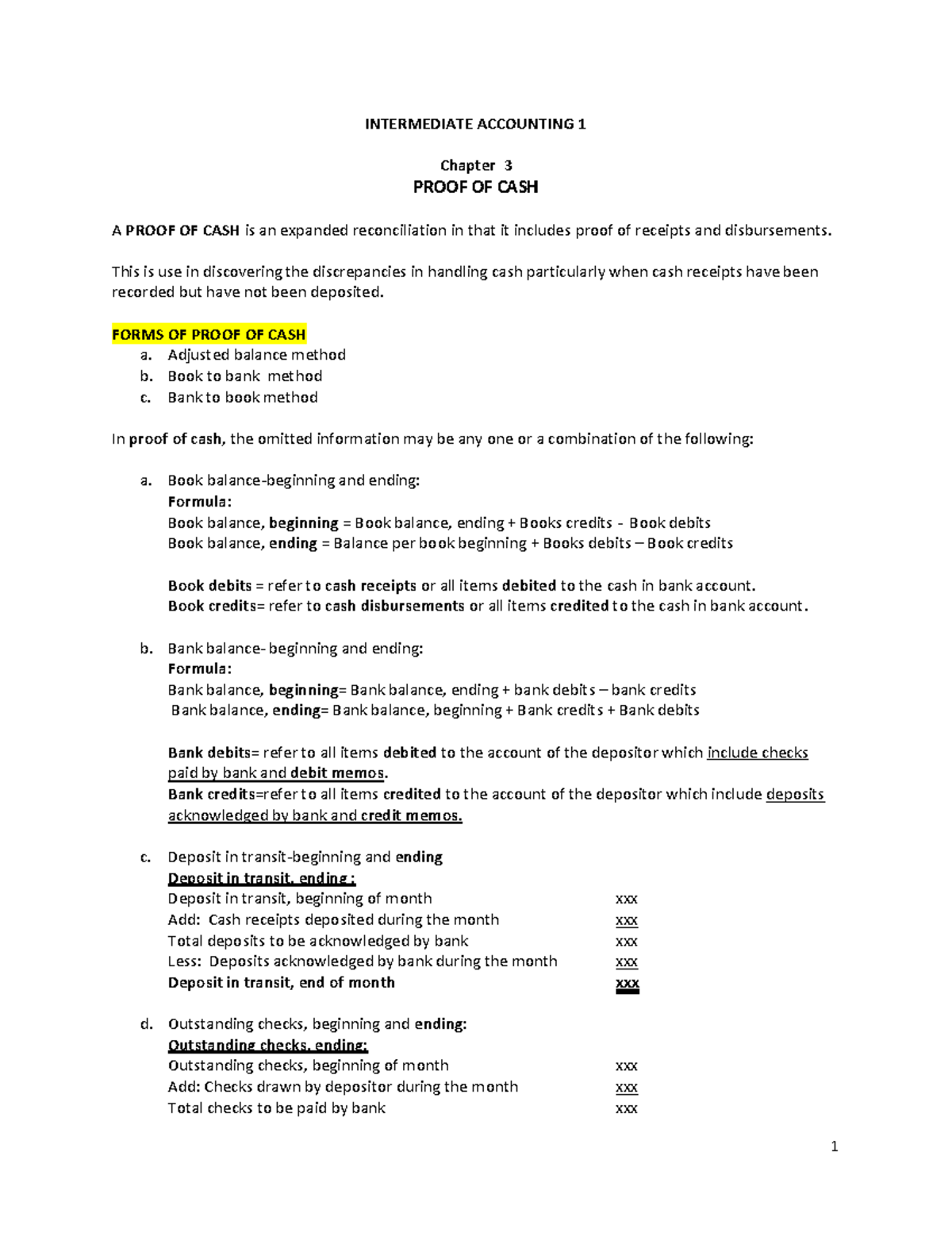 Intermediate accounting 1 Chapter 3 proof of cash reconciliation notes ...