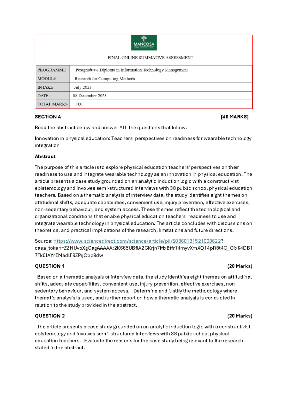 Exploring Teachers' Perspectives on Wearable Tech in PE: OSA 2023 - Studocu