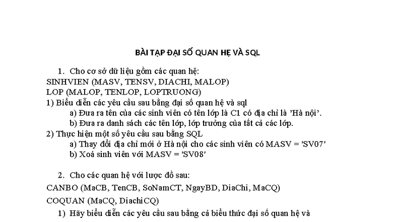 ĐỀ BÀI ĐẠI SỐ QUAN HỆ VÀ SQL - BÀI TẬP THỰC HÀNH - Studocu