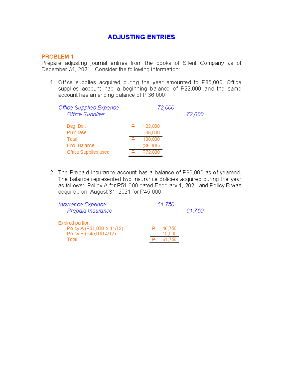 CA5101 Adjusting Entries - Solutions and Answers for LA 1 - Studocu