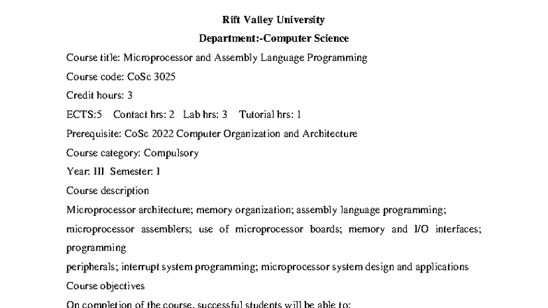 Microprocessor and Assembly Language Programming - CoSc 3025 - Studocu