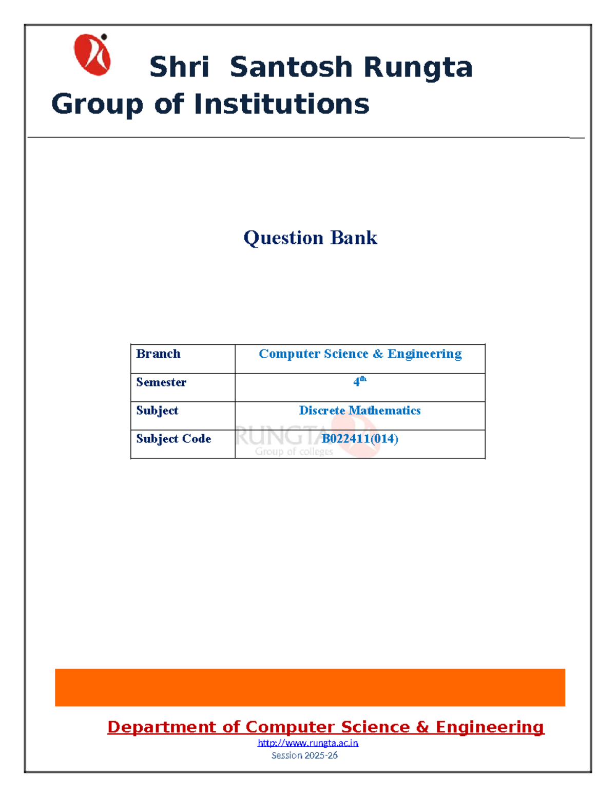 Question Bank for Discrete Mathematics (B022411) - 4th Semester CSE ...