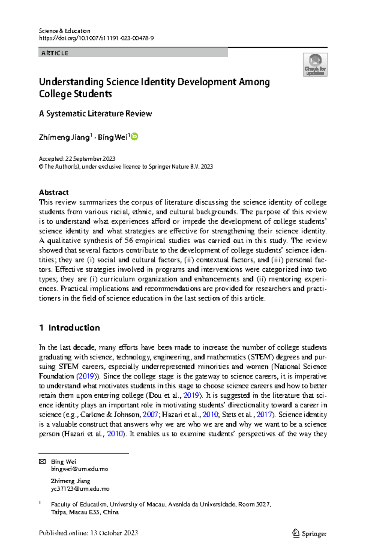Understanding College Science Identity Development: A Systematic Review ...