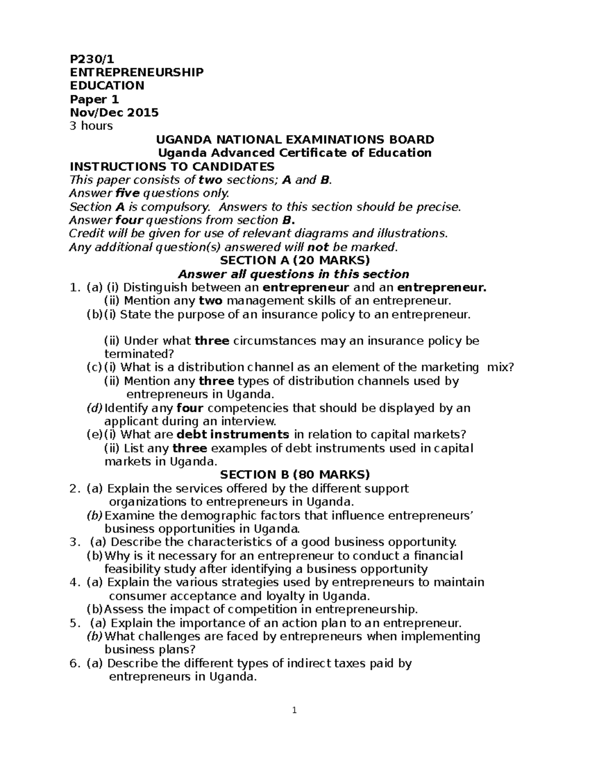 S.6 Ent. P230 UNEB questions - P230/ ENTREPRENEURSHIP EDUCATION Paper 1 ...