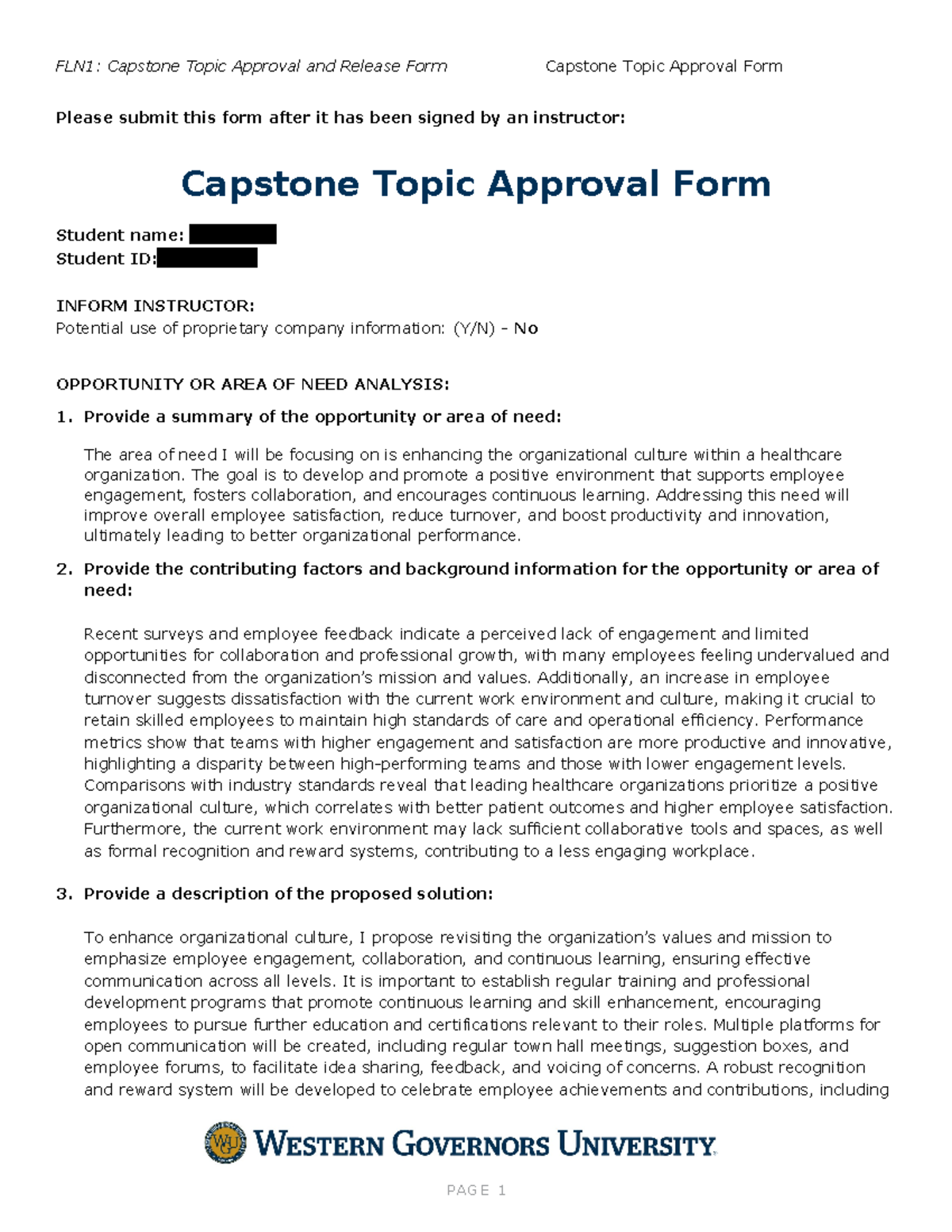 FLN1: Capstone Topic Approval Form for Enhancing Org Culture - Studocu