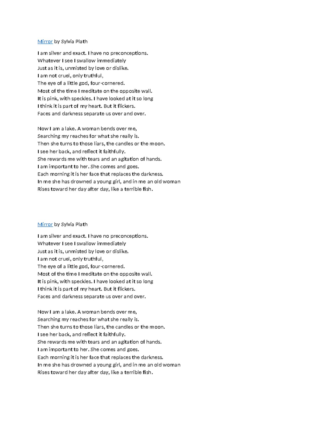 SYL101 - Mirror by Sylvia Plath: Detailed Notes & Analysis - Studocu