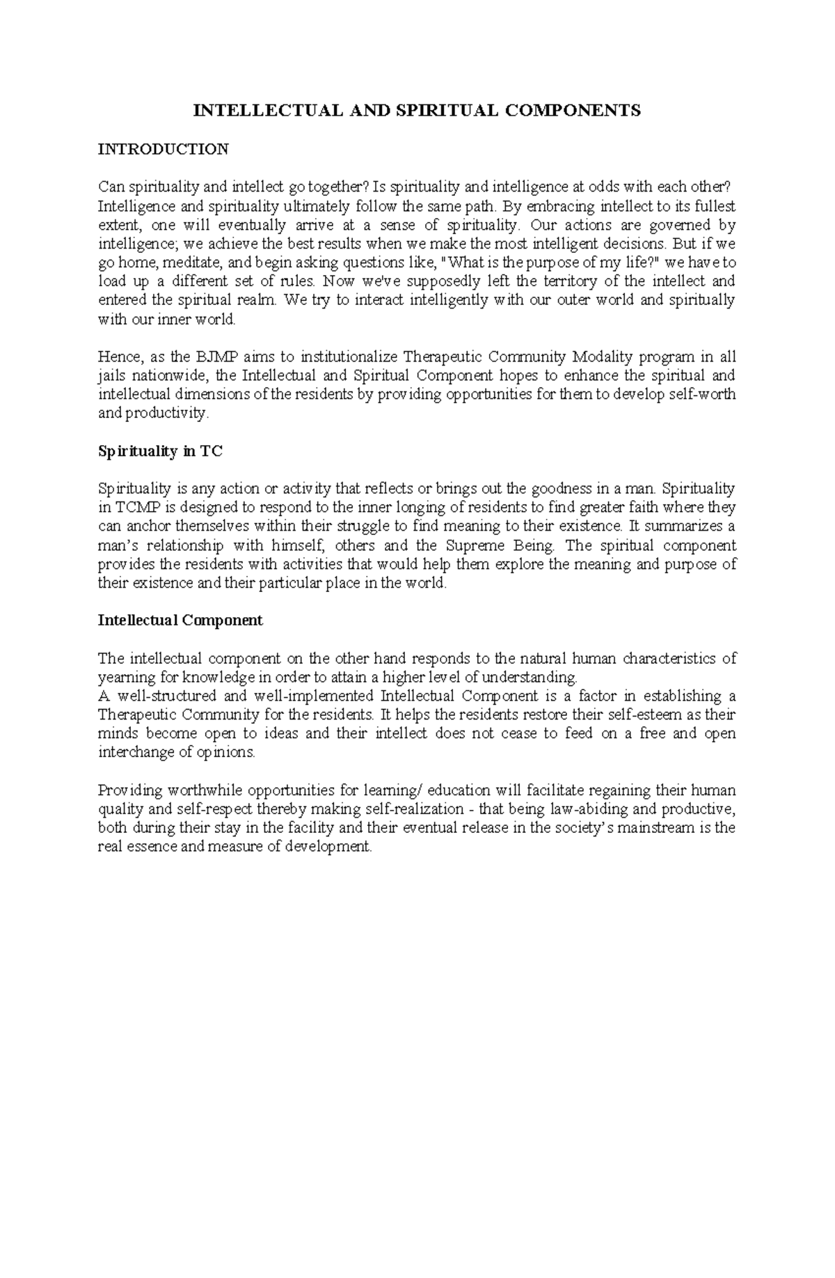 Intellectual & Spiritual Components in Therapeutic Community (TC) - Studocu