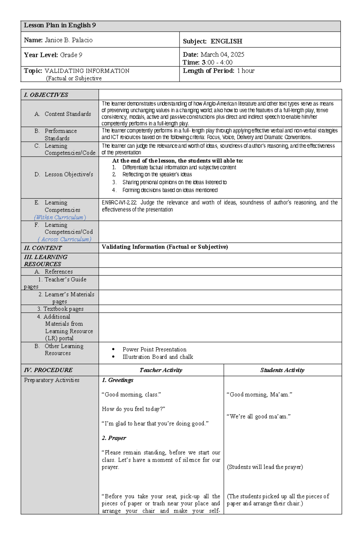 Detailed G9- Engliish - lesson plan for grade 9 leve; - Lesson Plan in ...