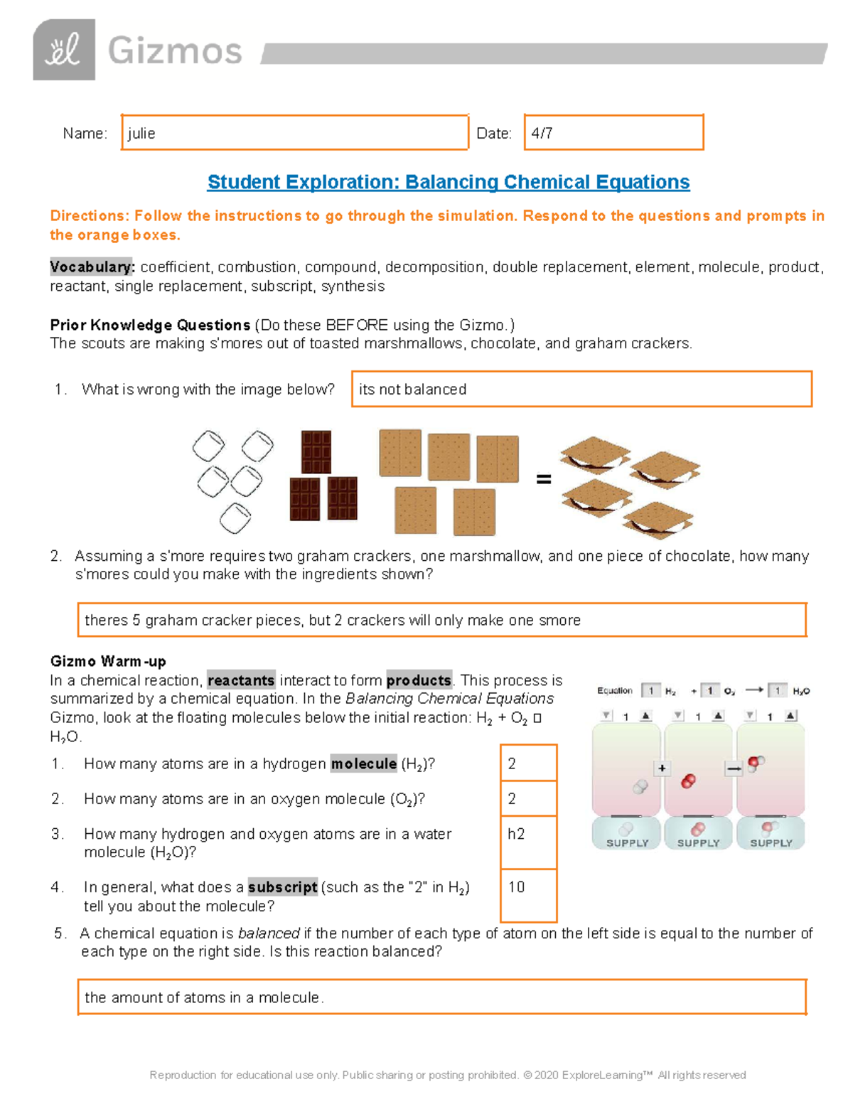 Copy of SE: Balancing Chemical Equations Gizmo Exploration - Studocu
