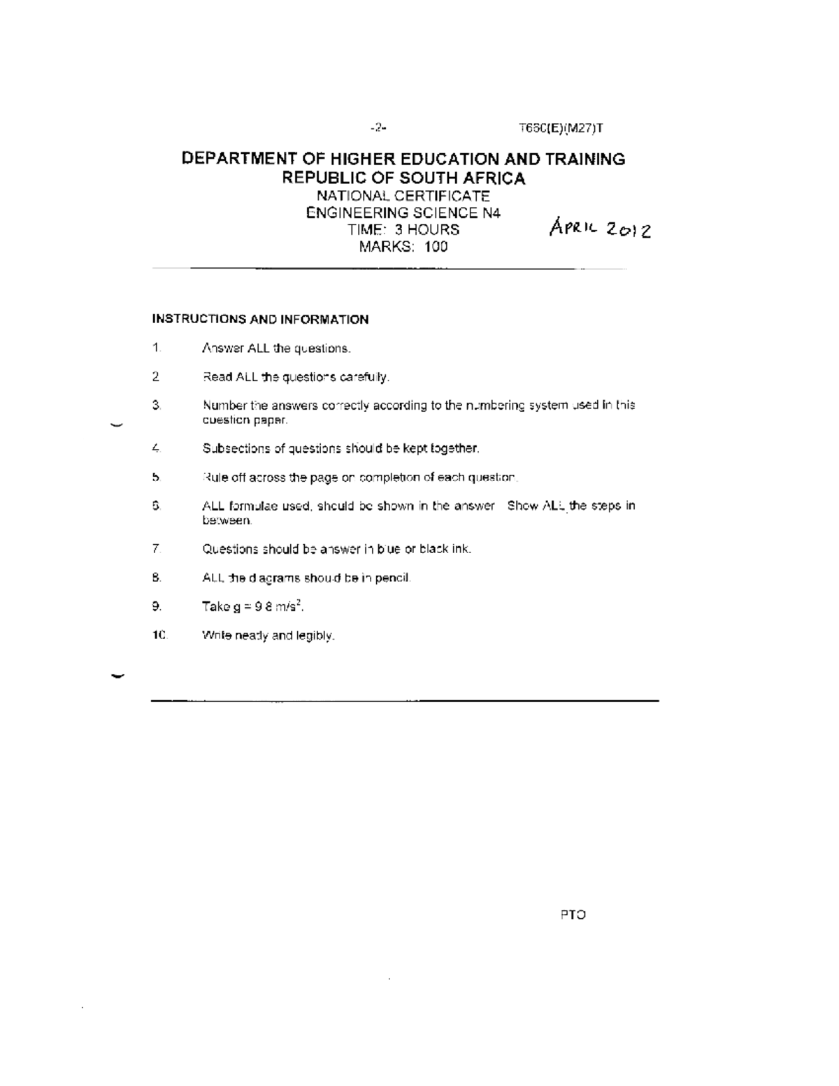 TE60(E)(M27)T Engineering Science N4 Exam Notes and Solutions - Studocu