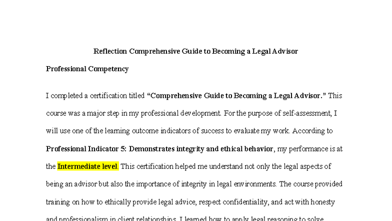 Reflection on Professional Competency I: Legal Advisor Certification ...