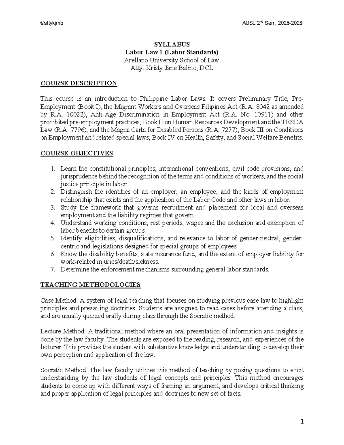 AUSL 2nd Sem, LL1 Syllabus: Introduction to Labor Law and Standards ...